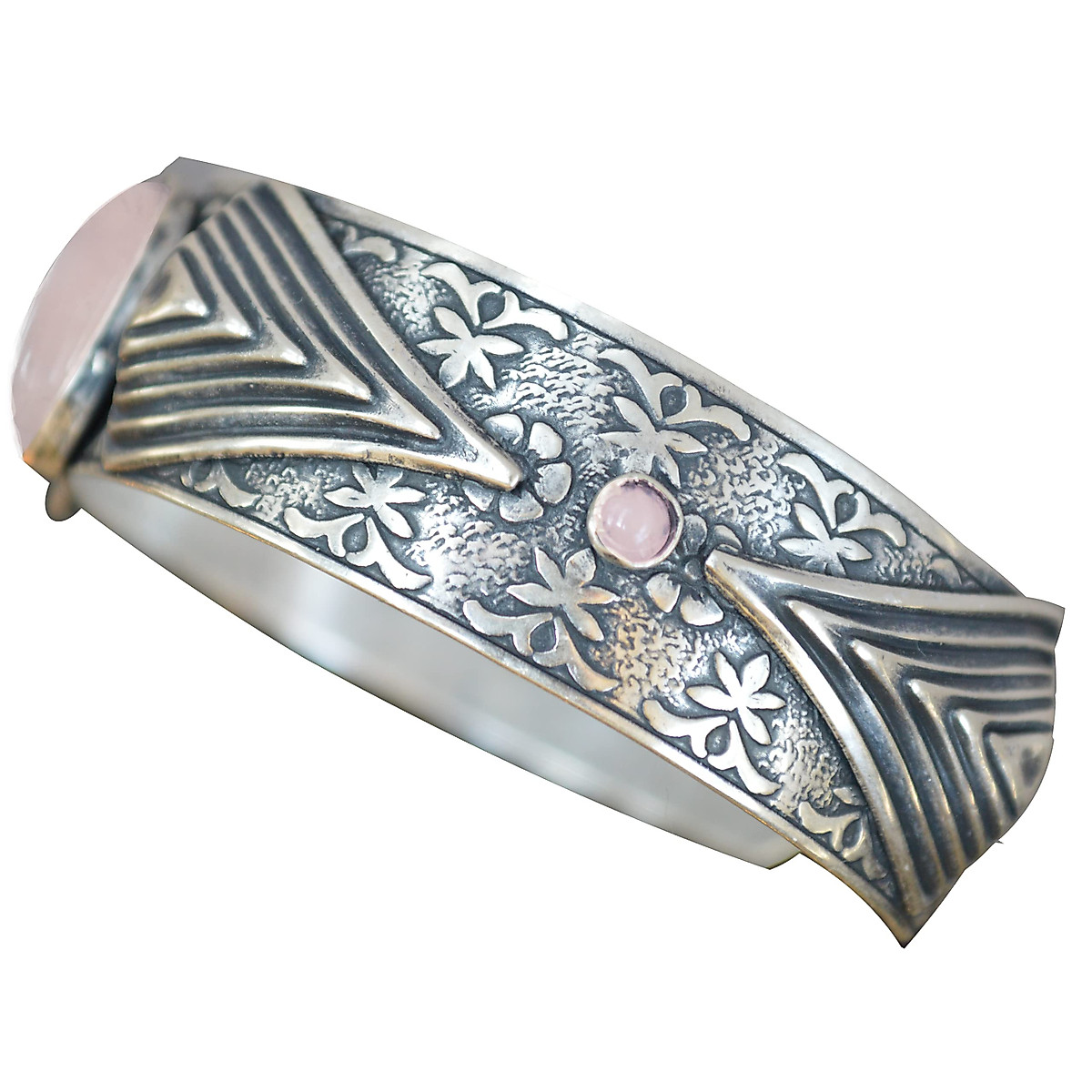 Elaine Coyne Collectible Artwear Antique Silver Brass Art Deco Cuff Bracelet with Rose Quartz Cabochons
