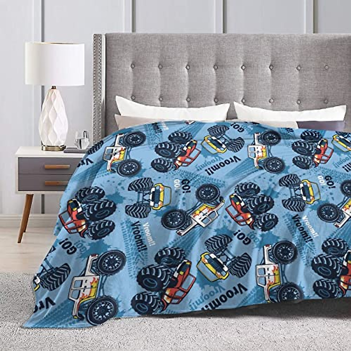 Perinsto Monster Truck Cars Pattern Throw Blanket Ultra Soft Warm All Season Decorative Fleece Blankets for Bed Chair Car Sofa Couch Bedroom 50"X40"