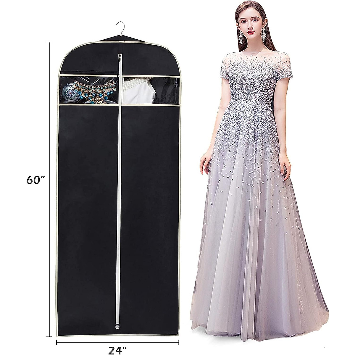 MISSLO Gusseted 60" Suit Dress Garment Bag with Clear Window Zipper Pocket Long Garment Cover (Black)