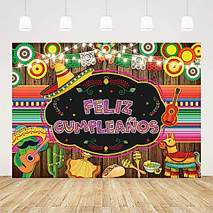 AIBIIN 7x5ft Feliz Cumpleaños Backdrop Mexican Fiesta Happy Birthday Party Decorations Cinco De Mayo Taco Retro Wood Photography Background Festival Colorful Flags Flowers Banner Photo Shoot Props