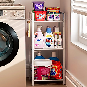 3 Tier Laundry Room Shelves,Multifunctional Shelving Units and Storage with 4 Bottles Storage Hooks and 2 Small Towel Hooks,Bearing Stronger Standing Shelf,White Laundry Room Organization Floor Shelf