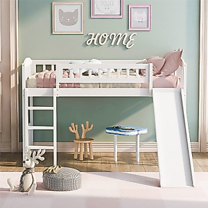 Harper & Bright Designs Kids Low Loft Bed with Slide, Twin Loft Beds for Kids, Wood Loft Bed Frame with Ladder for Boys and Girls, No Box Spring Needed, White
