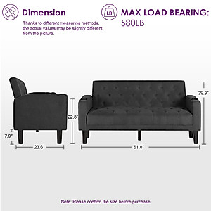 TYBOATLE 62" W Loveseat Sofa w/ 2 USB Charger Ports and 2 Cupholders, Mid-Century Modern Tufted Linen Fabric Small Love Seat Couches for Compact Living Room, Bedroom, Apartment, Dorm (1, Dark Grey)