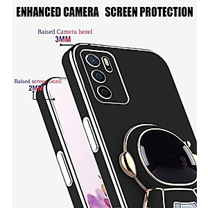 Compatible with Oppo A16 Case with Plating Creative Astronaut Cartoon Holder Pink,Oppo A16s Phone Case Silicone Shockproof Stand Soft TPU Protective Slim Cover (Black)