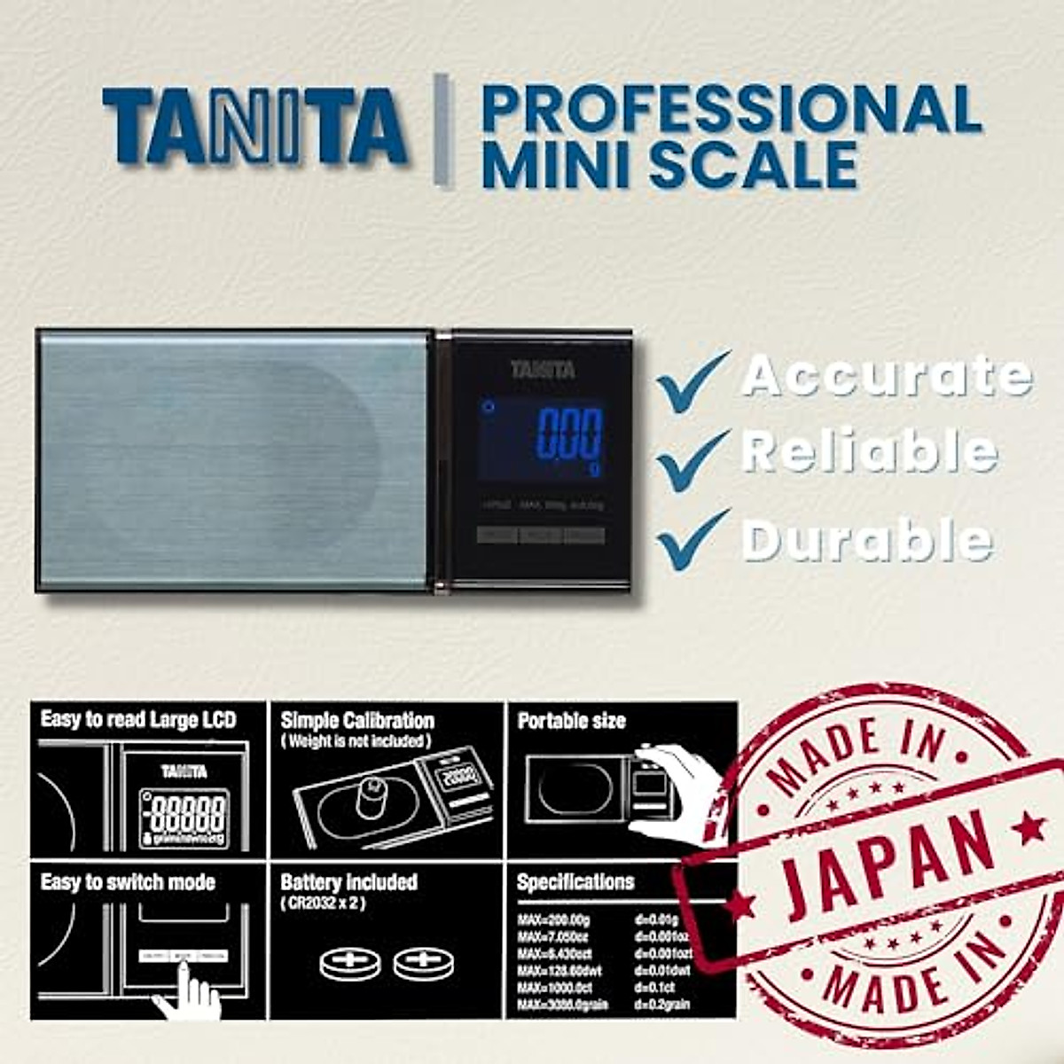 Tanita 1479J2 Mini Scale - Japan Technology Accurate Digital Pocket Scale for Jewelry - 200G Capacity - Blue Backlit Display - 6 Different Modes of Measurement: Gram, Oz, Carat, Troy Oz, Dwt, Grain