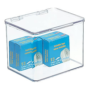 mDesign Small Plastic Home Office Storage Organizer Box Containers w/Hinged Lid for Desktops - Holds Pens, Pencils, Sticky Notes, Highlighters, Staples, Supplies - Lumiere Collection - 6 Pack - Clear