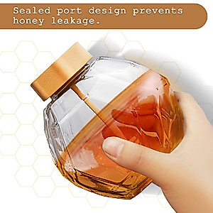Bfttlity Honey Pot Jar Hexagon Shape Honey Pot Container 380ml Glass Honey Jar with Dipper and Lid Cover for Home Kitchen (Wooden lid)