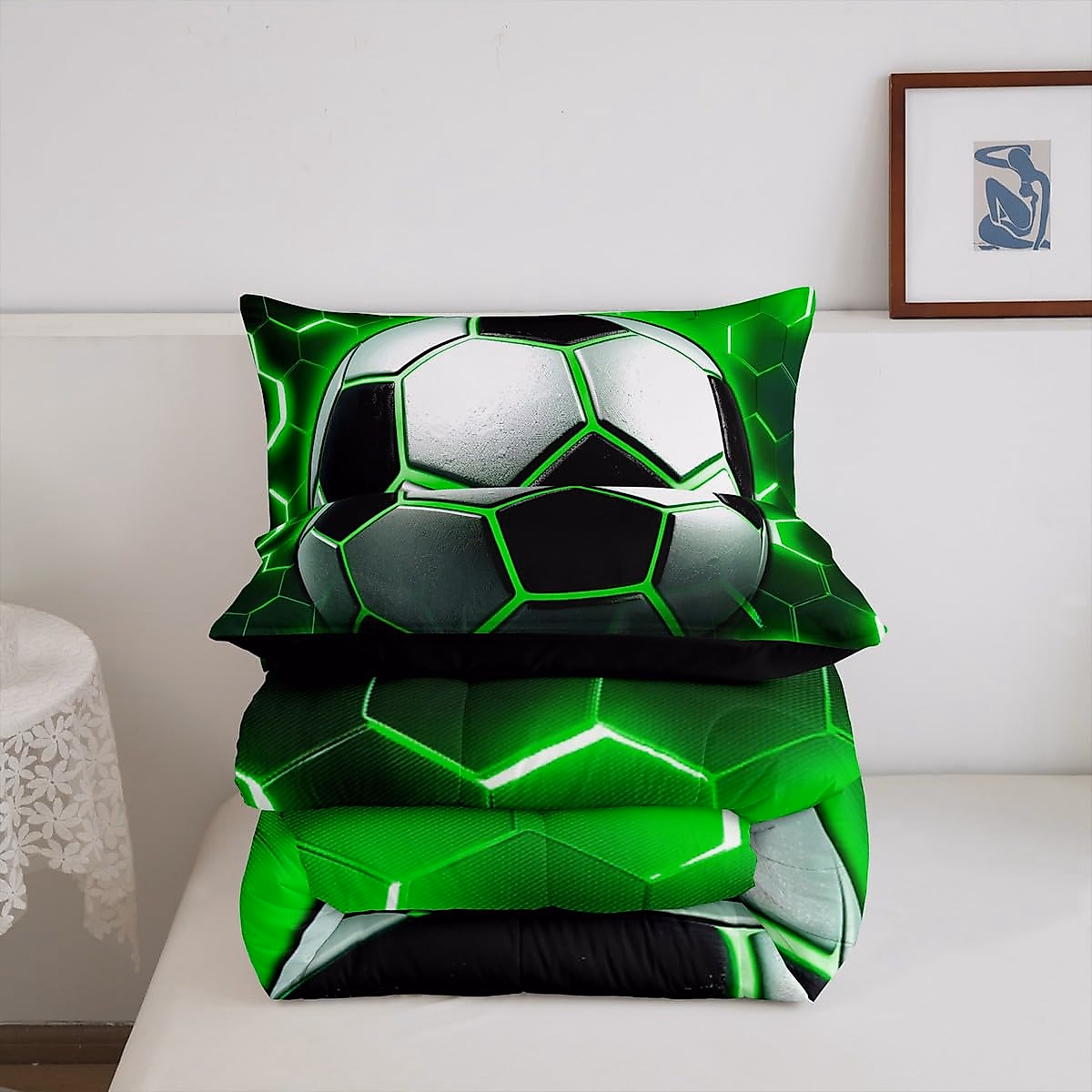 Soccer Print Comforter Set Full Football Bedding Comforters & Sets for Kids Boys Girls,Ball Game Duvet Sports Theme Quilt Comforter,Green Neon Honeycomb Duvet Teens Modern Cool Design Room Decor 3Pcs