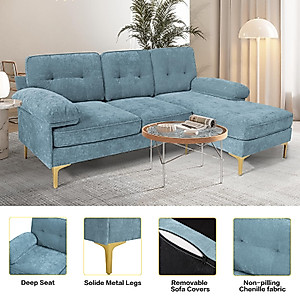 TEKAMON 82.7" Blue Convertible Sectional Sofa, Chenille Fabric L-shaped Couch, Small 3 seats Reversible Sleeper Sofa with Machine Washable Covers for Living room,Apartment and Small Space, Gloden legs