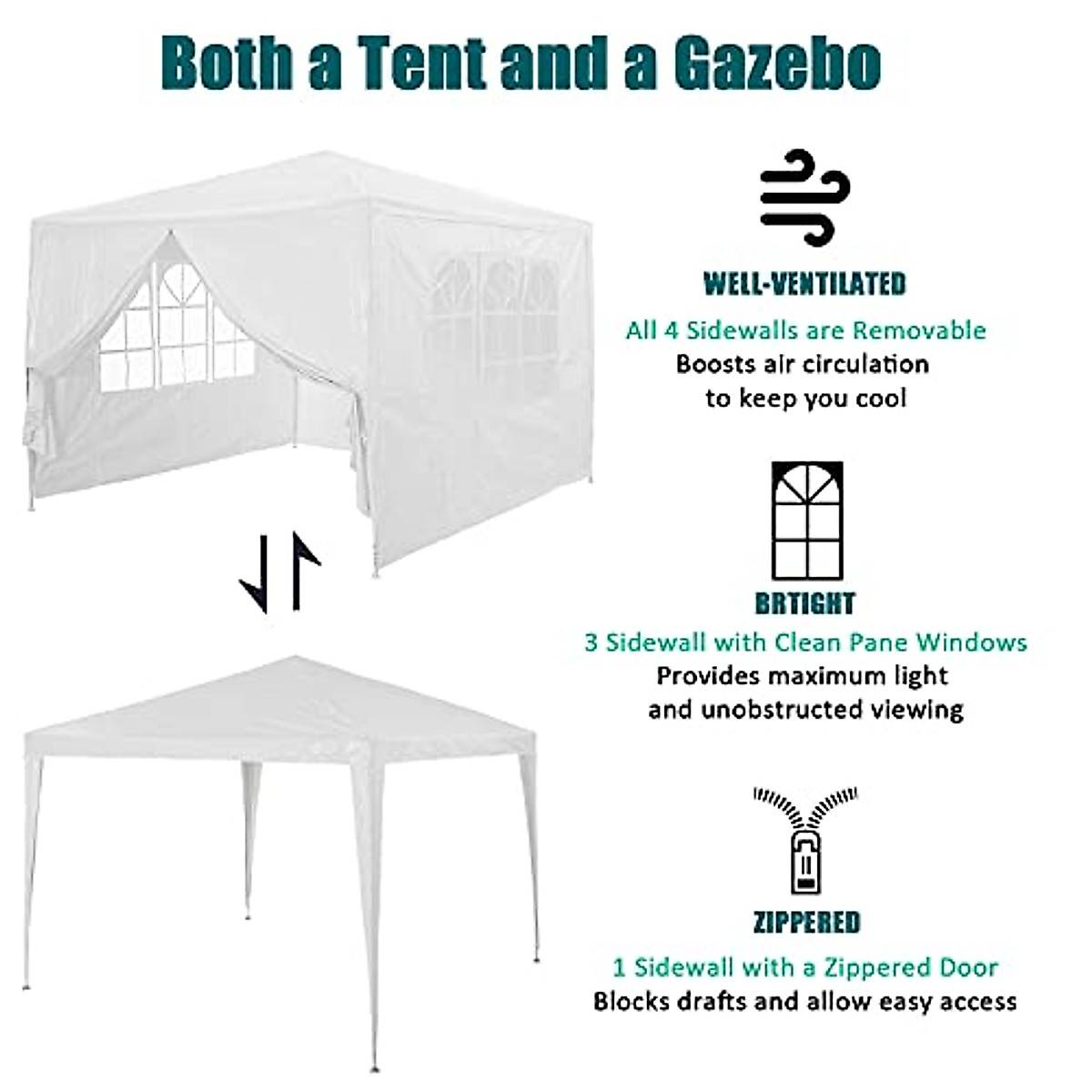 10' x 10'/10' x 20'/10' x 30' Canopy Tent Wedding Event Party Tent Outdoor Instant Shelter Pavilion Gazebo for Patio Backyard Porch Garden Beach (10' x 10' Canopy Tent with 4 Sidewalls, White)