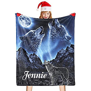 Custom Blanket with Name Text,Personalized Wolfs at Night Super Soft Fleece Throw Blanket for Couch Sofa Bed (50 X 60 inches)