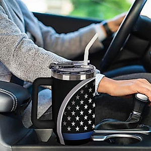 40 oz Tumbler, Large Capacity with Handle and Straw Travel Insulated Tumblers, Thin Blue Line American Flag Ring Black Stainless Steel Cup for Women, Men