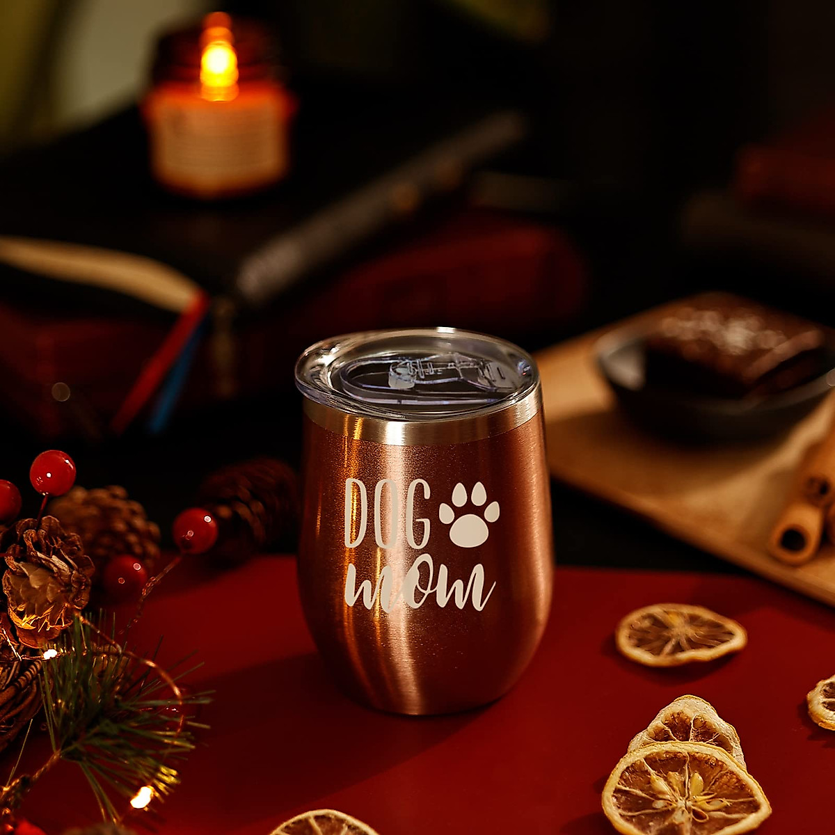Dog Mom Wine Tumbler Dog Mom Tumbler for Dog Lovers Mother Women from Daughter Son Mothers Day Birthday Christmas Gifts for Mom Wife 12 Ounce Dog Wine Tumbler with Lid Straw and Gift Box Rose Gold