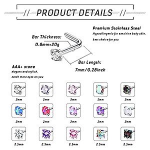 MILACOLATO 20G Nose Rings 316L Surgical Stainless Steel Nose Ring Studs L Shaped Studs Rings CZ Nose Ring Labret Nose Piercing Jewelry for Men Women