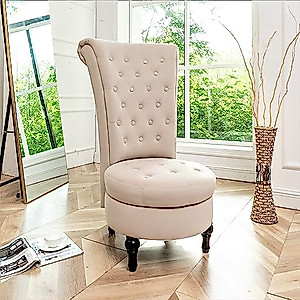 Container Furniture Direct Royal High-Back Velvet Accent Chair for Vanity with Storage and Luxurious Upholstery, Retro Design and Versatile Usage for Living Room, Bedroom, Lounge and Office, Ivory