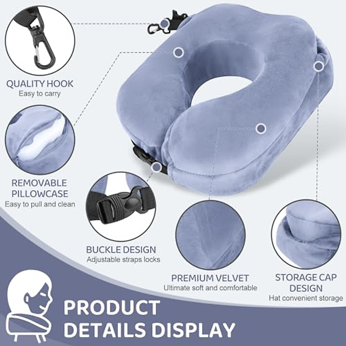 Flywish Travel Neck Pillow with Hood - Adult Travel Must Haves Airplane Hoodie Pillow, Premium Quality Memory Foam, Fit for Office, Car Ride, Sleeping. Kit with Earplugs, Luxury Bag(Mist, M)
