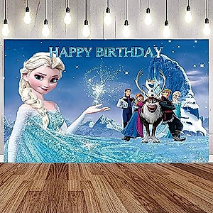 Frozen Elsa Princess Happy Birthday Party Decorations Supplies Girls Birthday Party Wall Backdrop and Tablecloth Photography Background Photo Banner for Kids Birthday Party
