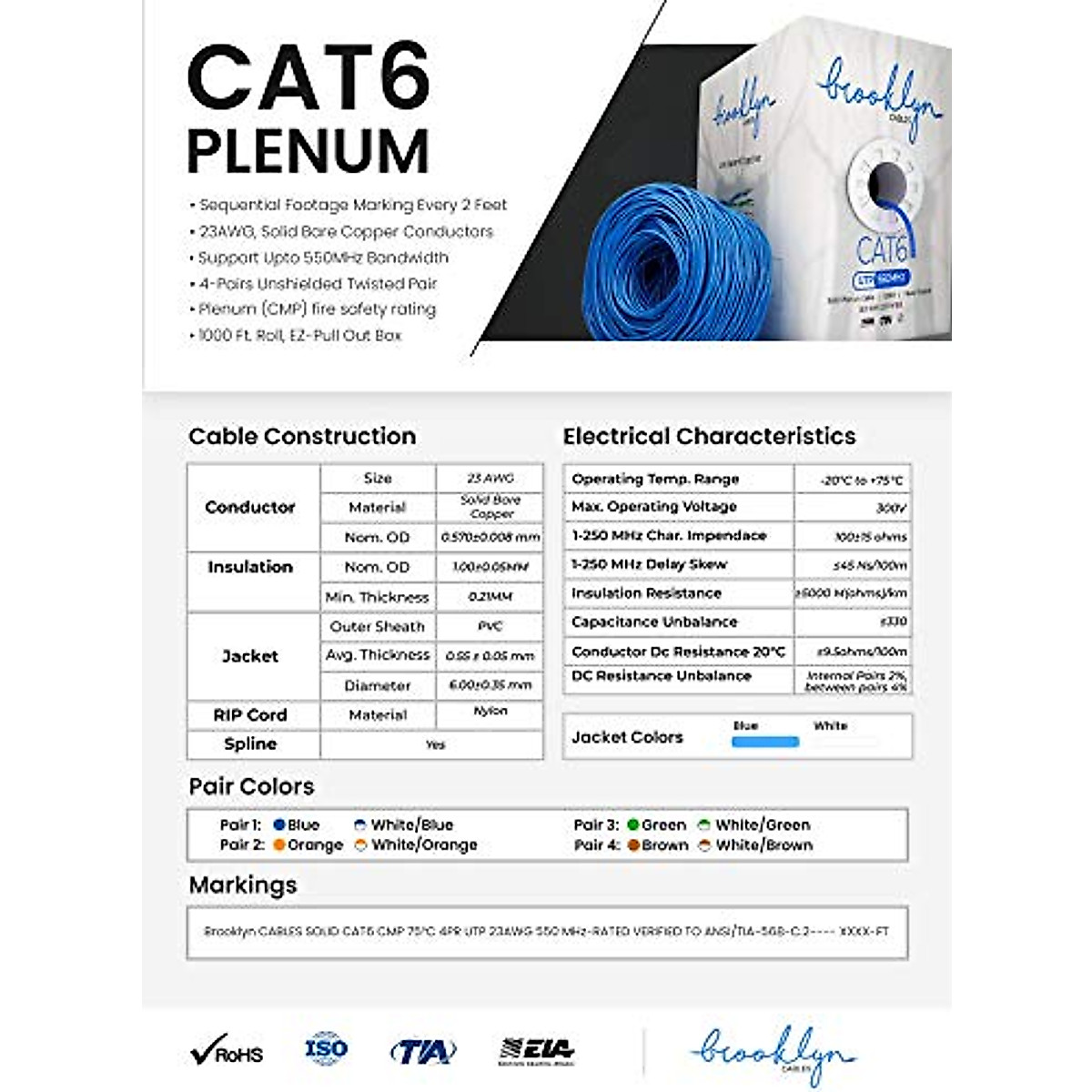 Brooklyn Cables 100% Solid Copper |Cat6 Plenum (CMP) 1000ft |Fluke-Certified |550MHz, 23AWG 4Pair, Unshielded Twisted Pair (UTP), Bulk Ethernet Cable (White)