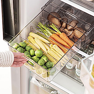 Decorelement Extra Large Refrigerator Organizer Bins with Pull-out Drawer, Stackable Clear Bins with 3 Dividers, Pantry Organization and Food Storage