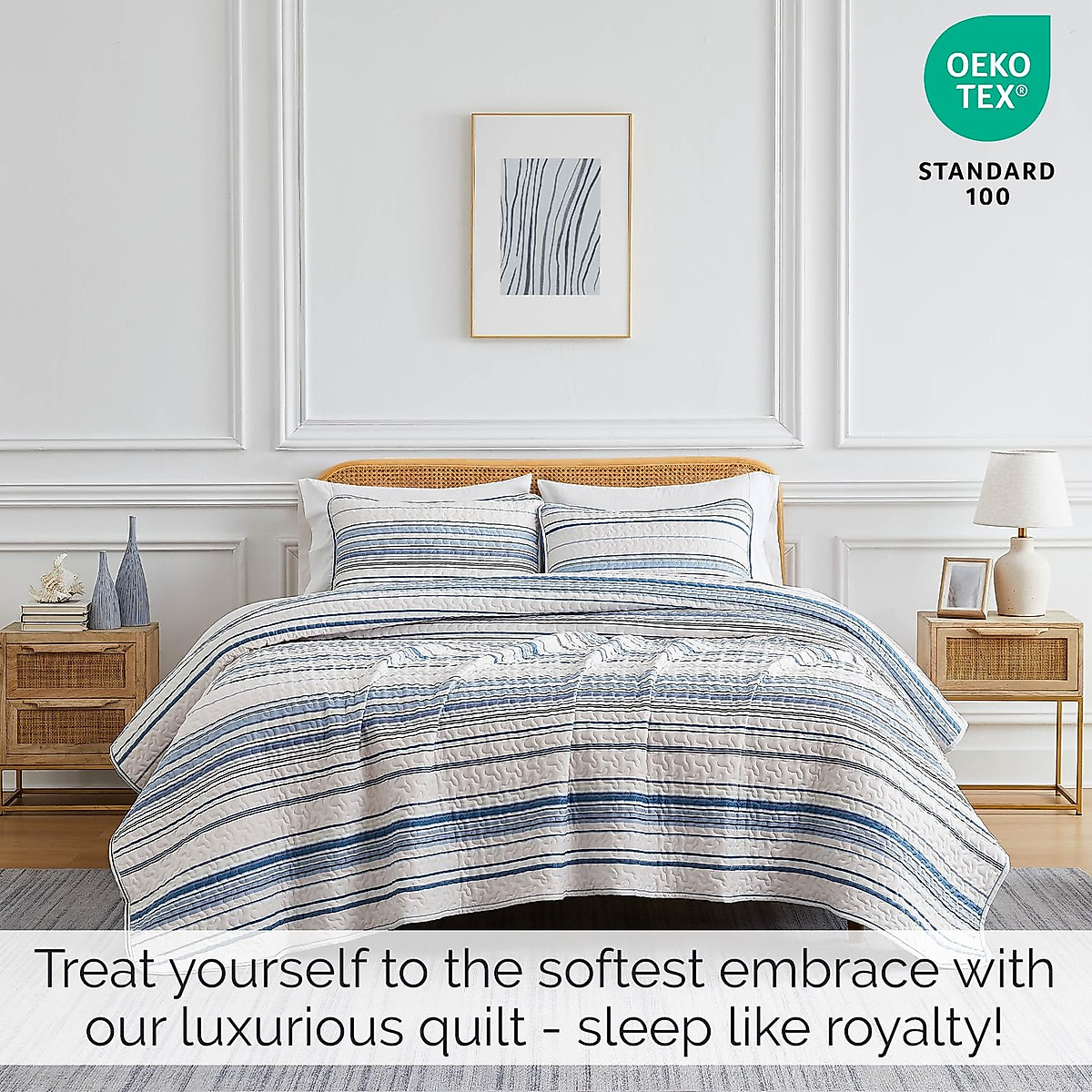 Southshore Fine Living, Inc. Oversized King Quilt Set, All Season Striped Blue Bedspread Set, 3-Piece Coastal Bedding, California/King Coverlet Sets with Shams, Soft Microfiber Quilt, Blue Stripes