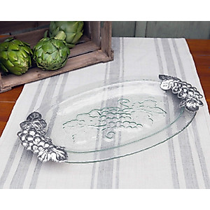 Arthur Court Clear Glass Food Tray Platter with Grape Handle in Sand Casted Aluminum with Artisan Quality Hand Polished Designer 20 inch x 11.5 inch