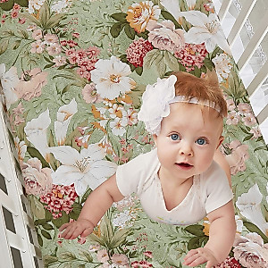 Brandream Crib Bedding Sets for Girls Garden Floral Nursery Set 3-Piece | Ruffled Baby Comforter, Crib Sheet and Tulle Lace Crib Bed Skirt, Green White
