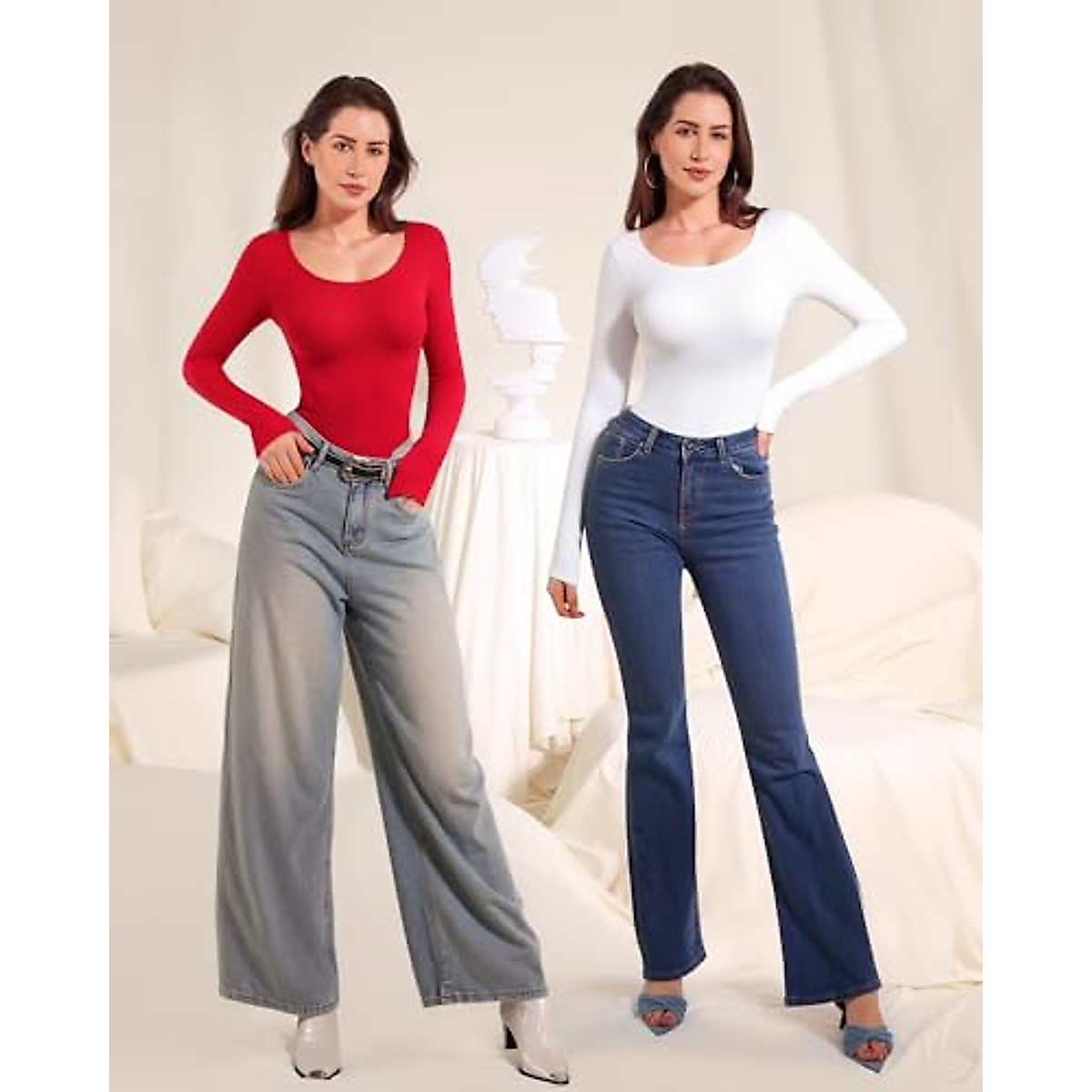 CLOZOZ Ribbed Long Sleeve Bodysuits for Women Shapewear Tummy Control Round Neck Red Body Suits