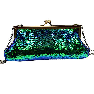 Women Mini Glitter Mermaid Sequin Evening Clutch Handbag Chain Strap Cross-body Bag Kissing Lock