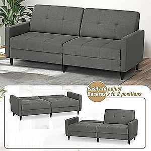 BIVVI 77” Long Linen Fabric Sofa Bed Convertible Loveseat Couch with Adjustable Backrest and Wooden Legs,Sleeper Lounge Couch for Living Room/Dorm/Guest/Home Office/Apartment,Gray