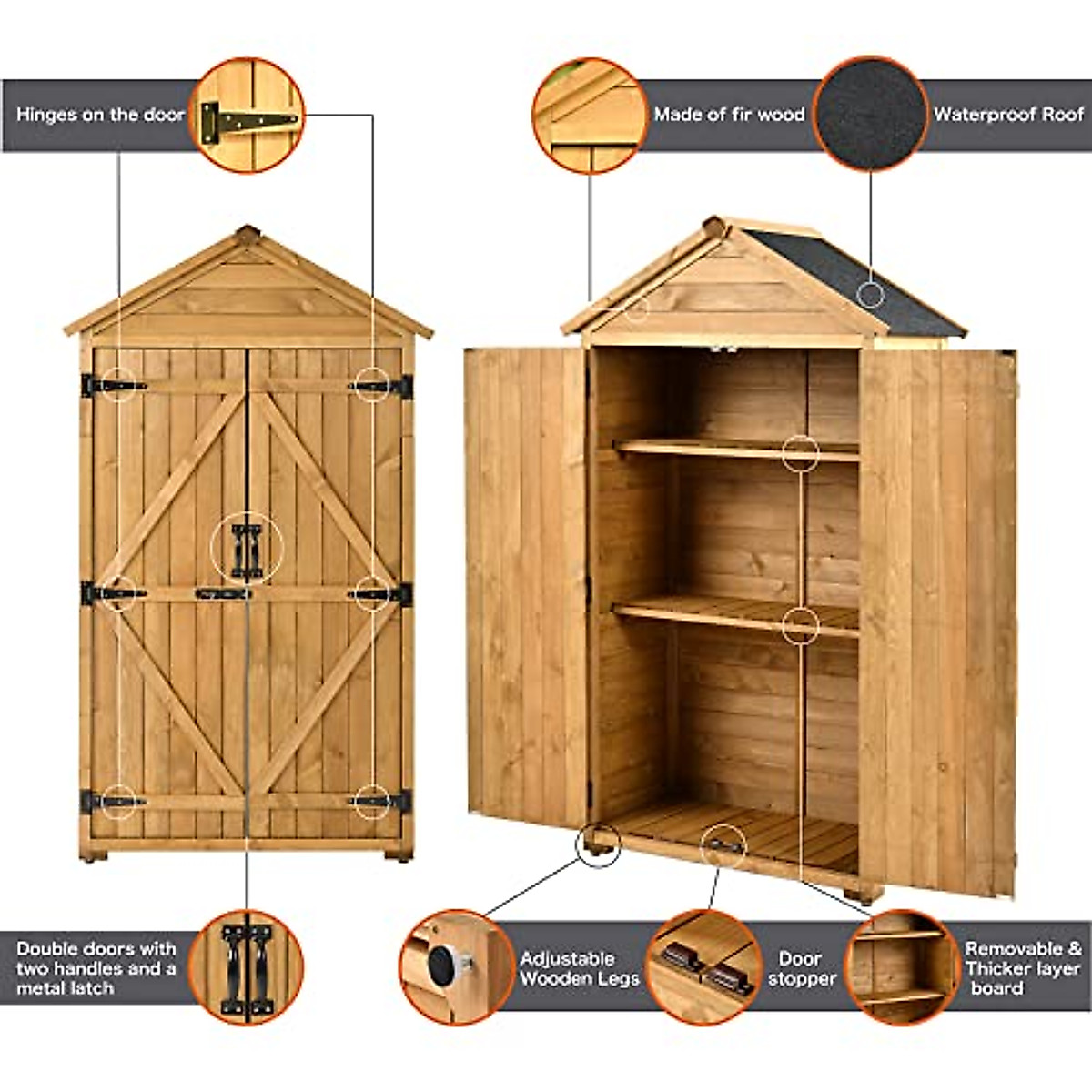 DANGRUUT Upgraded Version Thicken Solid Wood Outside Storage Sheds, Garden Wooden Arrow Shed, Fir Wood Tool Lockers with Waterproof Asphalt Roof, Workstation, 3-Tier Shelves for Backyard (Natural)