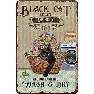 GEDSING Vintage Metal Tin Sign Black Cat Wash and Dry Laundry Metal Poster Black Cat Clothes Basket Cat Lover Gift Laundry Room Decor Laundry Sign Cat Lover Gift 8x12 Inch