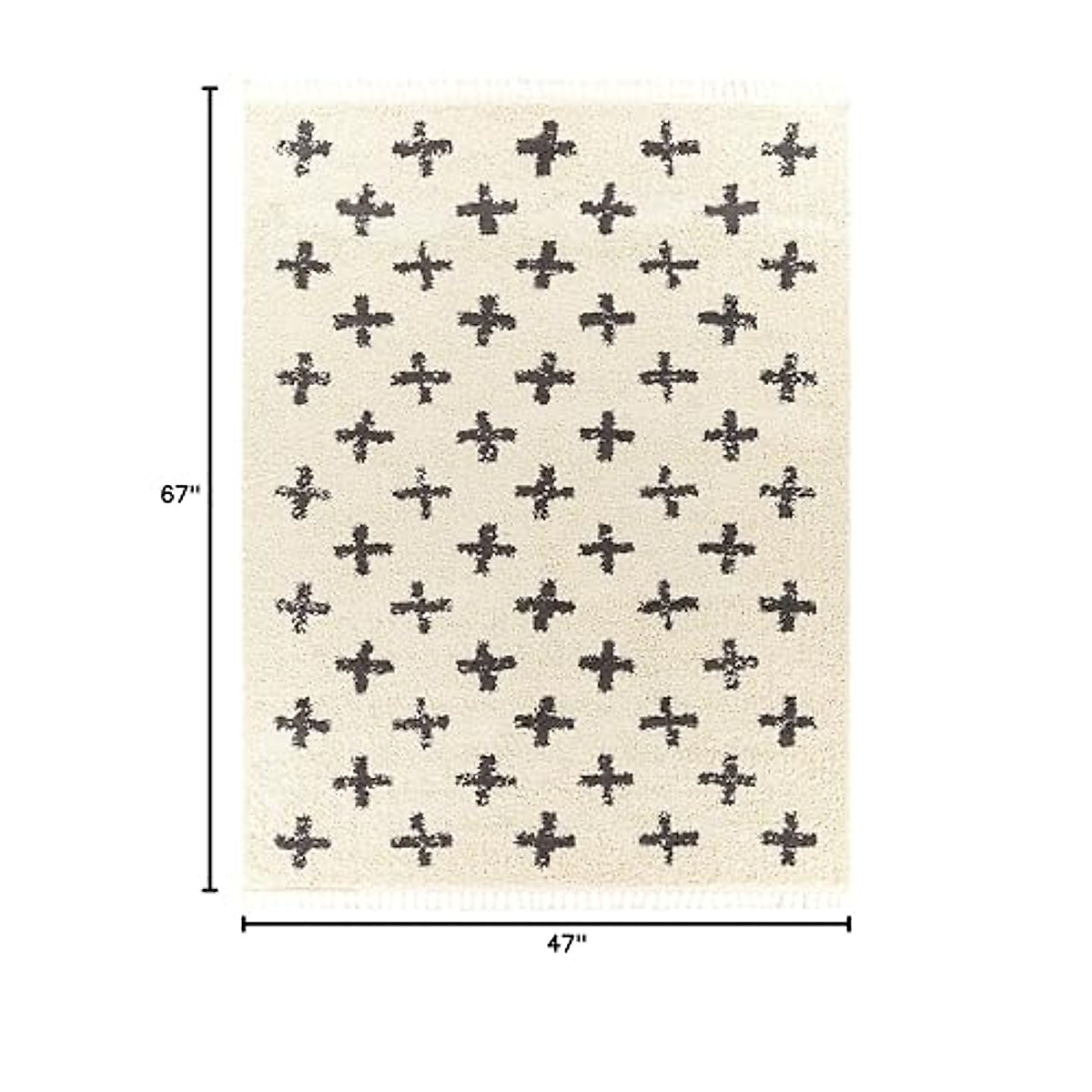 Hauteloom Alstead Farmhouse Swiss Cross Geometric Shag Area Rug - Fluffy High Pile Super Soft Rug with Tassels for Living Room, Bedroom, Dining Room - Cream, Beige, Black - 3'11" x 5'7"