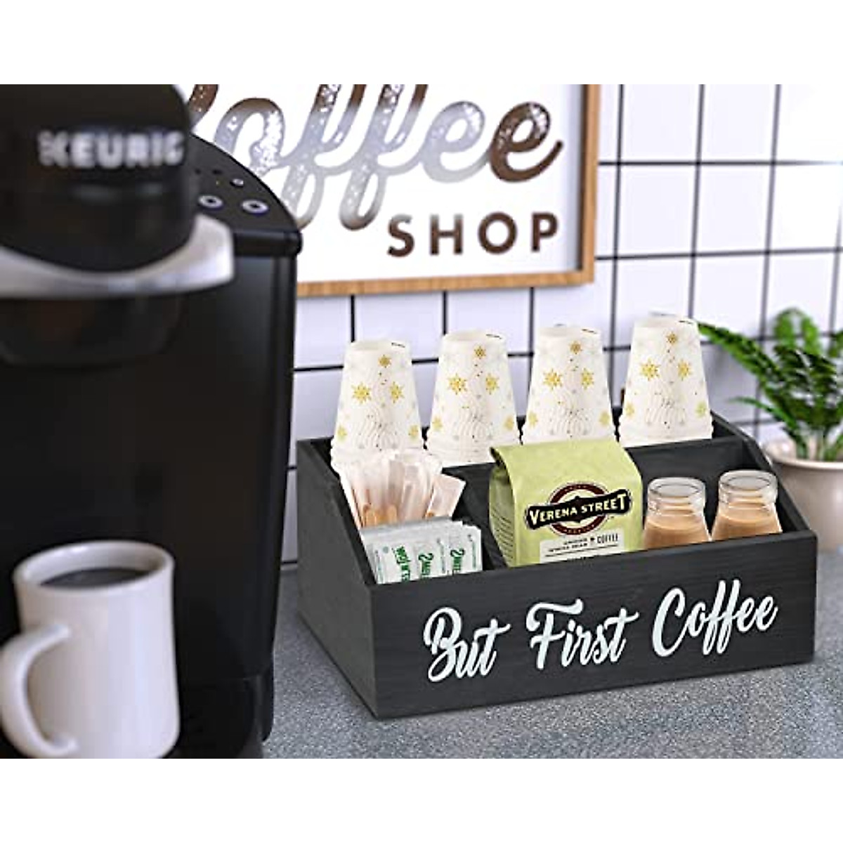 Wooden Coffee Station Organizer, Coffee Bar Accessories Organizer for Counter, Coffee Bar Bin Box, Coffee Pods Holder Storage Basket, Farmhouse Kitchen Coffee Bar Decor, Coffee Lovers Gift…