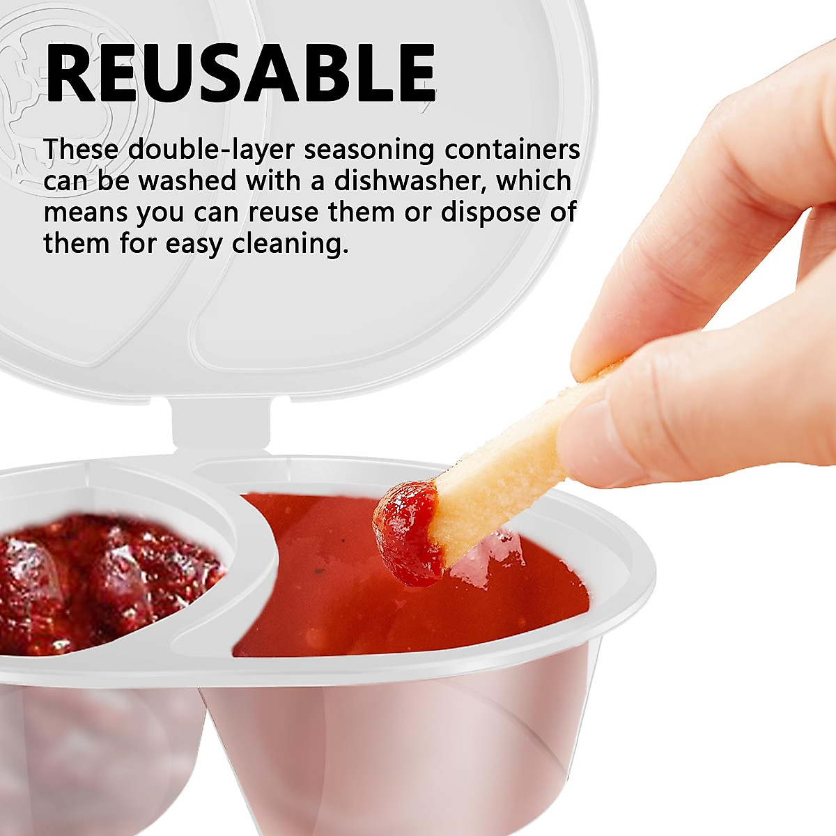 OWTWCNL 50Pcs Double Condiment Containers, Double Compartment Condiment Container with Lid, Leakproof Clear Plastic 150ml Portion Cups Chutney Chili Sauce Dips Snack Boxes