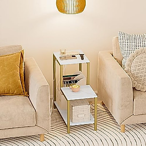 Snughome End Table with Charging Station, Narrow Side Table, 3 Tier Modern Nightstand with USB Ports and Outlet, Sofa Beside Table for Living Room, Bedroom，White and Gold