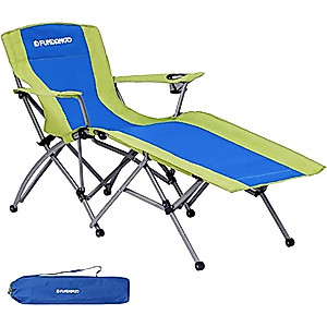 FUNDANGO Folding Camping Lounge Chair with Footrest, Ergonomic Reclining Outdoor Chaise Foldable in Bag with Cup Holder Armrest for Park, Garden, Indoor, Beach, Patio, Lawn, Blue/Green