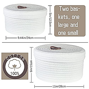 Aplolemo Round Cotton Rope Storage Basket with Lid,Decorative Woven Storage Bin,Organizer Box Container for Snacks Towels Plants, Leather Design Lidded Round Basket-Set of 2(11"x6"/9"x5")-White