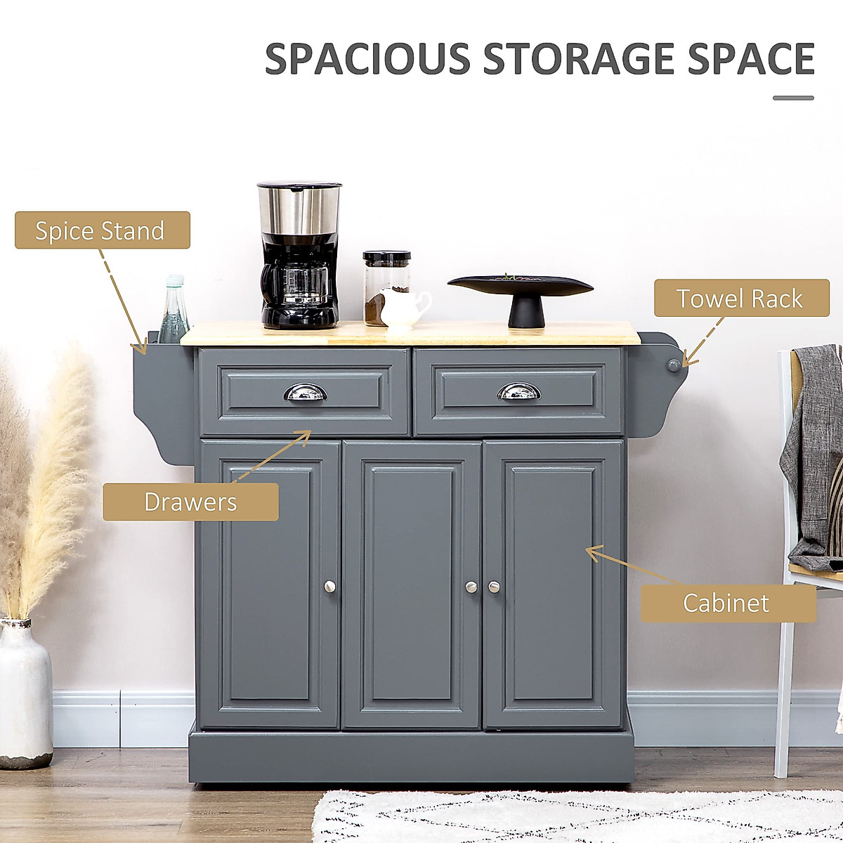 HOMCOM Triple-Cabinet Kitchen Island on Wheels, Kitchen Storage Cabinet with Drawers & Countertop, Rolling Utility Cart with Wood Top, Towel Rack, Spice Stand, Dark Gray