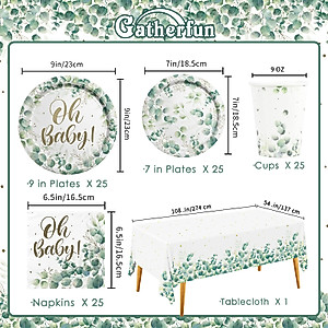 Sage Greenery Baby Shower Party Supplies Disposable Paper Plates Napkins Cups and Tablecloth for Boho Greency Party Decorations, Serve 25.