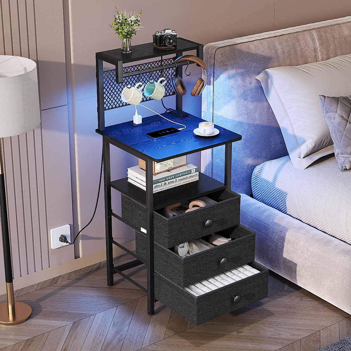 DALEMHOME Tall Nightstand with Charging Station and LED Lights, Night Stand with 3 Drawers and Storage Shelves, Bedside Table for Bedroom, Office, Black HKET2301BK