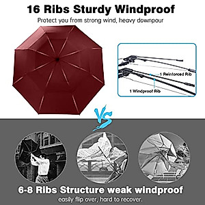 Vuteehy Windproof Umbrella, Travel Umbrella for Rain with 16 Ribs Double Canopy Vented, Waterproof Folding Umbrella with Inverted Design, Auto Open Close, Compact Rain Umbrella for Men and Women, Red