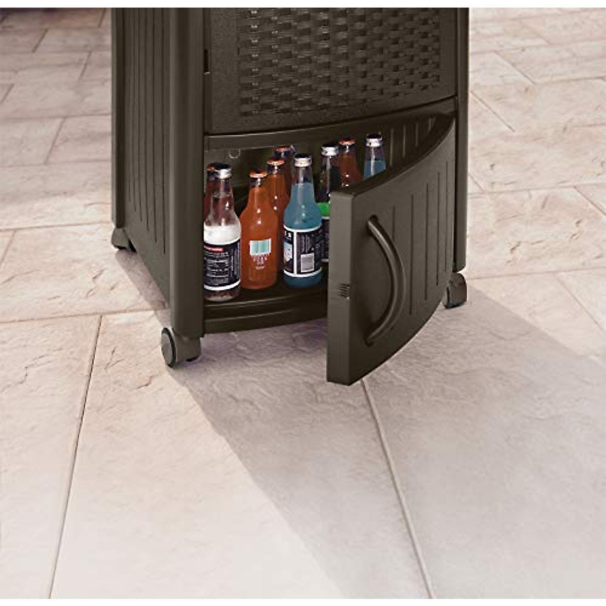 Suncast Resin 77 Quart Wicker-Look Outdoor Patio Cooler with Wheels, Dark Brown