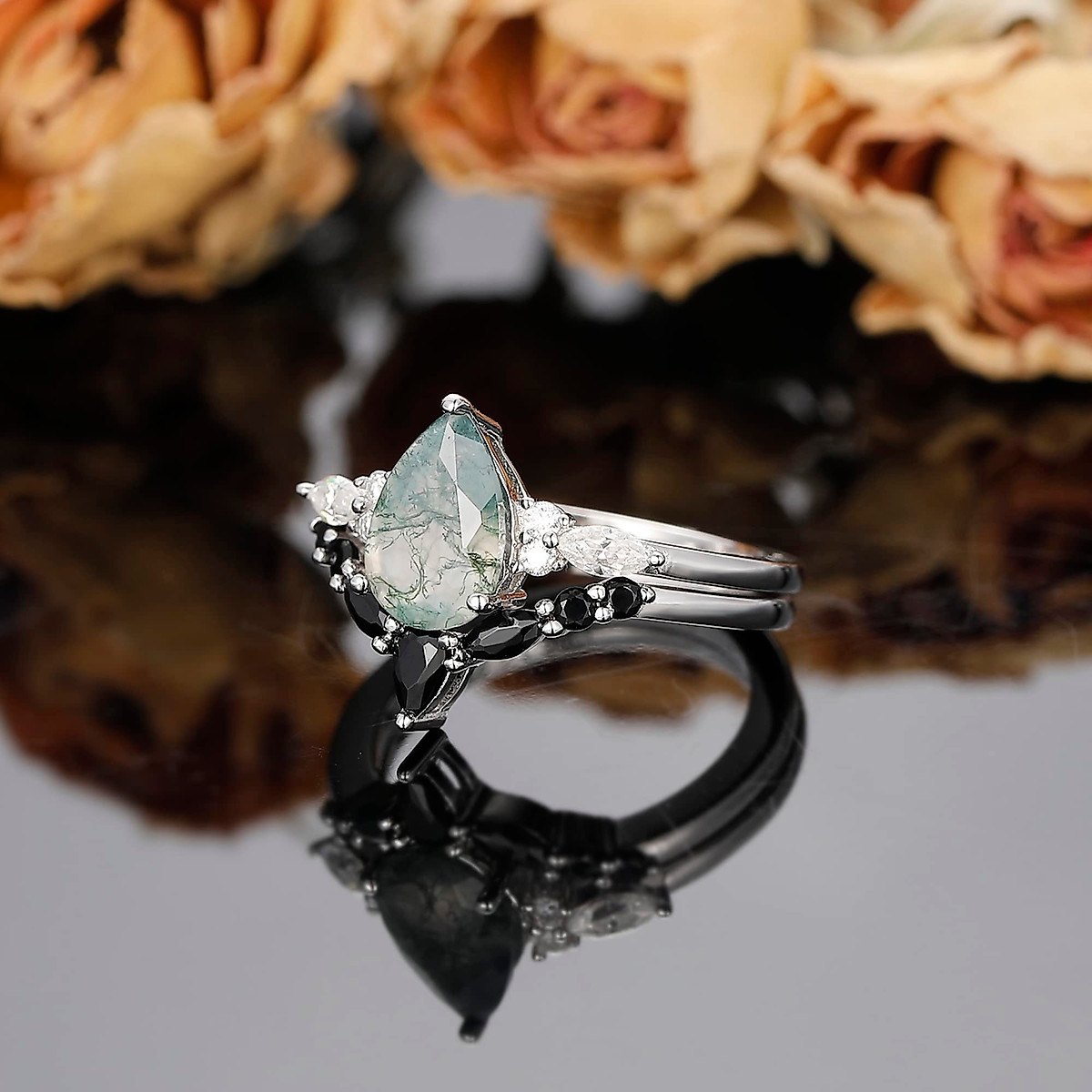 IRROYA 1.50 Carat Pear Cut Natural Moss Agate Wedding Rings Sets,Genuine Moissanite Engagement Ring,Black Spinel Eternity V Shaped Wedding Band, Sterling Silver Platinum, moss agate