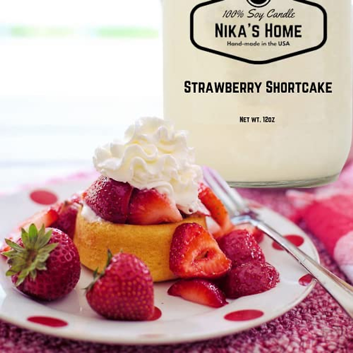 Nika's Home Strawberry Shortcake, Soy Candle 12oz Mason Jar Non-Toxic White Soy Candle-Hand Poured Handmade, Long Burning 50-60 Hours Highly Scented All Natural, Valentines Day Gifts