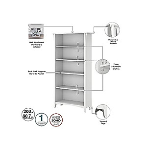 Bush Furniture Salinas Tall 5 Shelf Bookcase in Pure White and Shiplap Gray | Distressed Style Book Case | Bookshelf for Bedroom, Living Room & Pantry | Tall Bookcase | Book Shelf for Bedroom