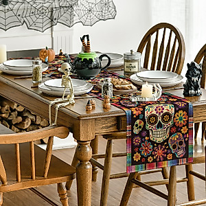 Artoid Mode Flowers Sugar Skull Mexican Day of The Dead Table Runner, Dia De Los Muertos Kitchen Dining Table Decoration for Home Party Decor 13x72 Inch