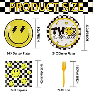 96 Pcs Two Cool Dude Birthday Party Decorations 350 GSM 2nd Birthday Party Supplies Tableware Set for Two Year Old Happy Dude Yellow Black Lightening Checkered Party Baby Shower Decor Serves 24 Guests