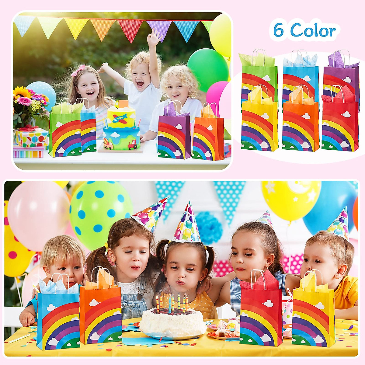 Chrisfall 24 Pcs Party Favors Bags with 30 Pcs Tissue Paper, Kraft Paper Bags with Handles Wrap Goodie Bags for Birthdays, Easter, Weddings, Mother's Day, Baby Showers (Rainbow Pattern)