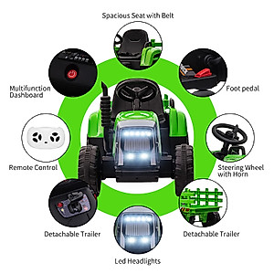 Nasitip 12V Battery Powered Electric Tractor with Trailer, Toddler Ride On Car w/Remote Control/7-LED Headlights/2+1 Gear Shift/MP3 Player/USB Port for Kids 3-6 Years (Green, 25W/Tread Tire)