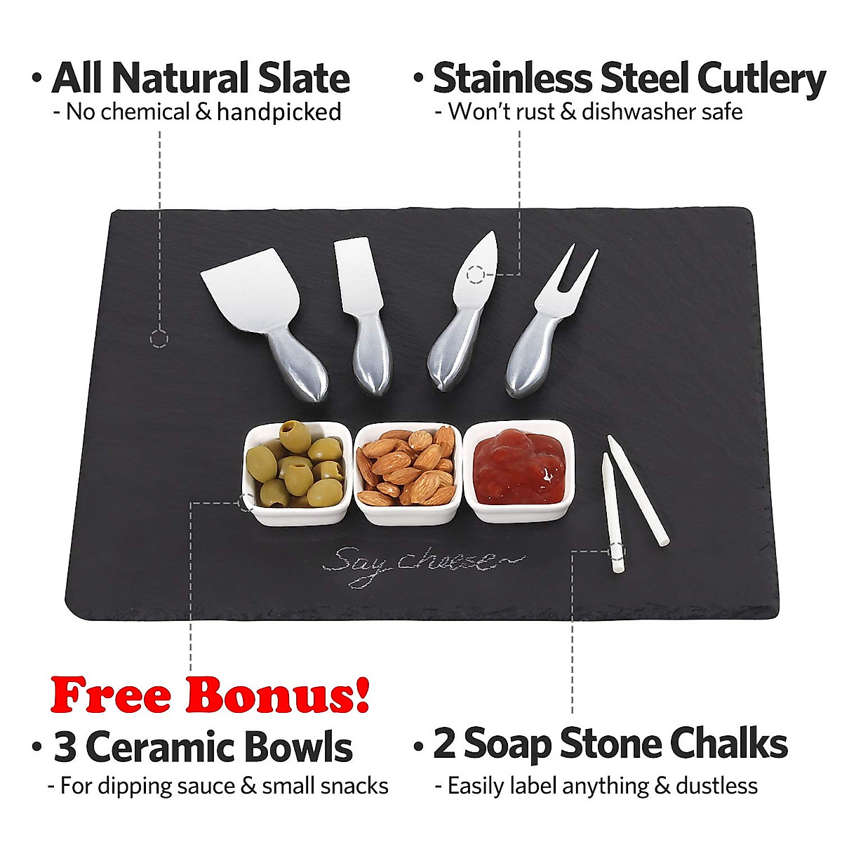 Large Slate Cheese Board and Knife Set, 7 piece w/ FREE 3 Ceramic bowls, Cheese Platter Slate Board, Cheese Serving Board, 4 Stainless Steel Knives, 2 Soap Stone Chalks, 16" X 12" (7 Piece + 3)